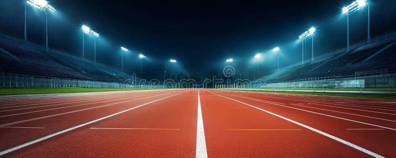 Empty Running Track at Night, Illuminated by Stadium Lights, Creates ...