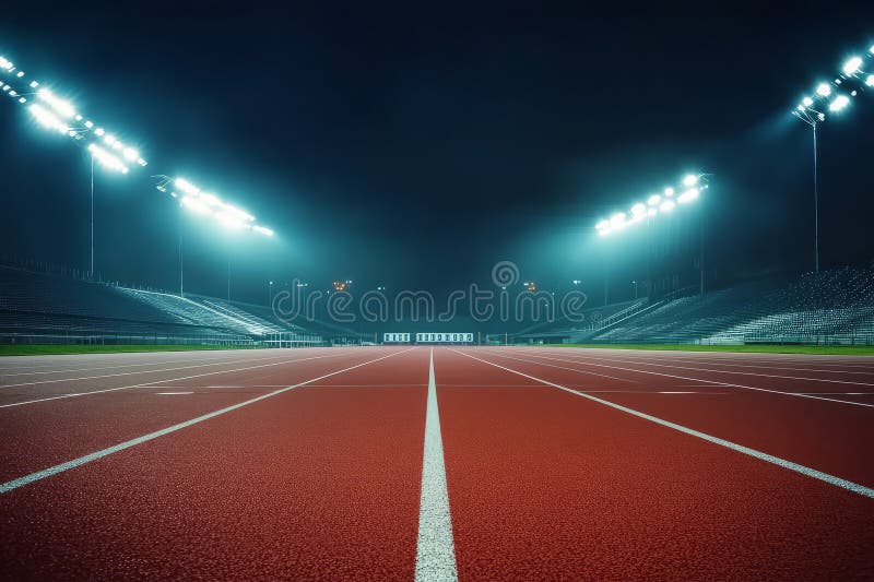 Empty Running Track at Night, Illuminated by Stadium Lights, Creating ...