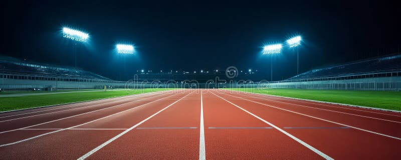 Empty Running Track at Night, Illuminated by Stadium Lights, Creating ...
