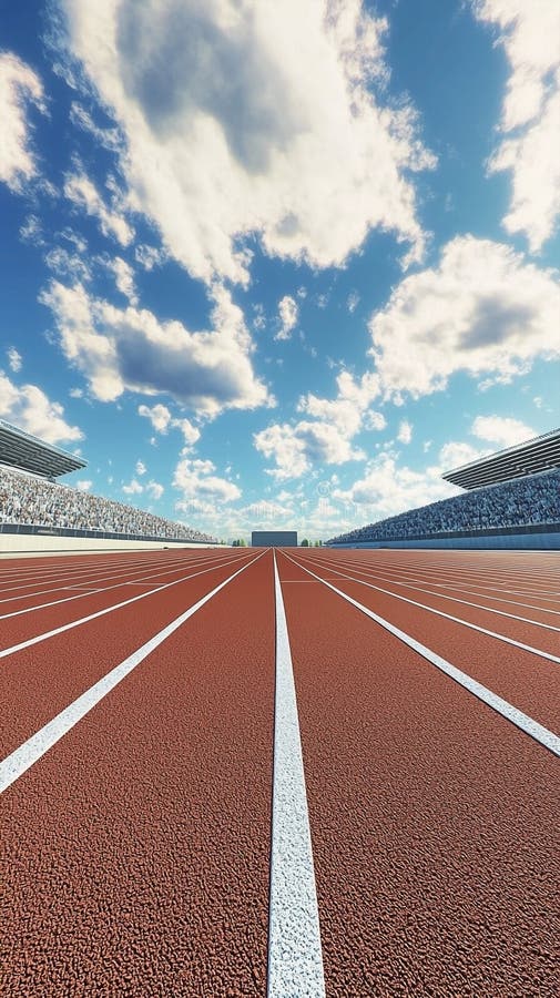 Empty Running Track at a Stadium with Stands and a Blue Sky Filled with ...