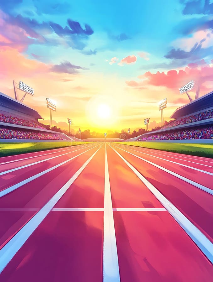 Empty Running Track with Sunset and Stadium in Background Stock ...