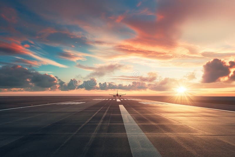 Empty Runway on the Airport, Runway in Beautiful Sunset Light Stock ...