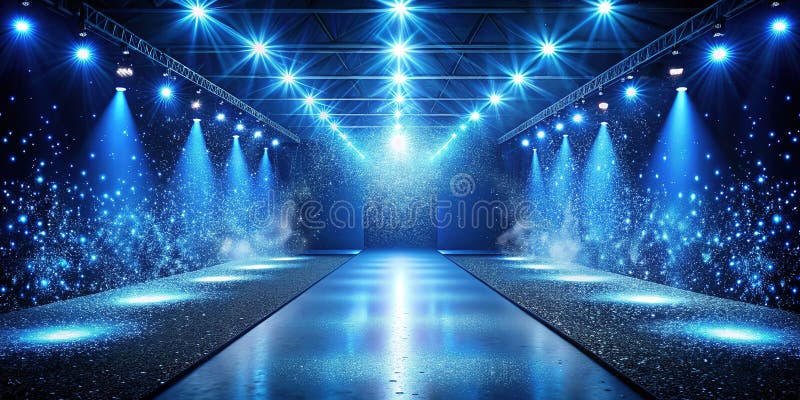 Empty Runway Stage Backdrop Dramatic Blue Scene with Spotlights Dust ...
