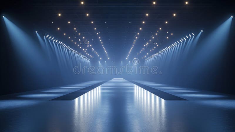 Empty Runway Stage with Blue Lighting and Reflections Stock ...