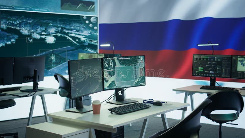 Empty Russian Army Command Center with a Big Screen Showing the ...