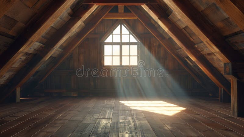 Empty Rustic Attic with Wooden Beams and Sun Rays through Window Stock ...
