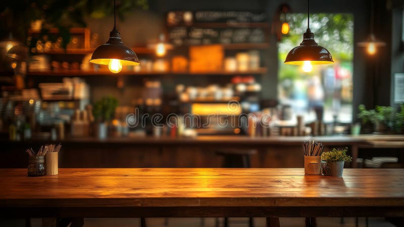Empty Rustic Bar Counter with Warm Lighting, Blurry Background, and ...