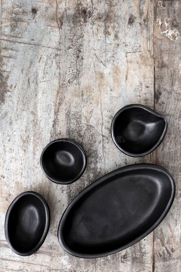 Empty Rustic Black Plates Over Grunge Timber Top View Stock Image ...
