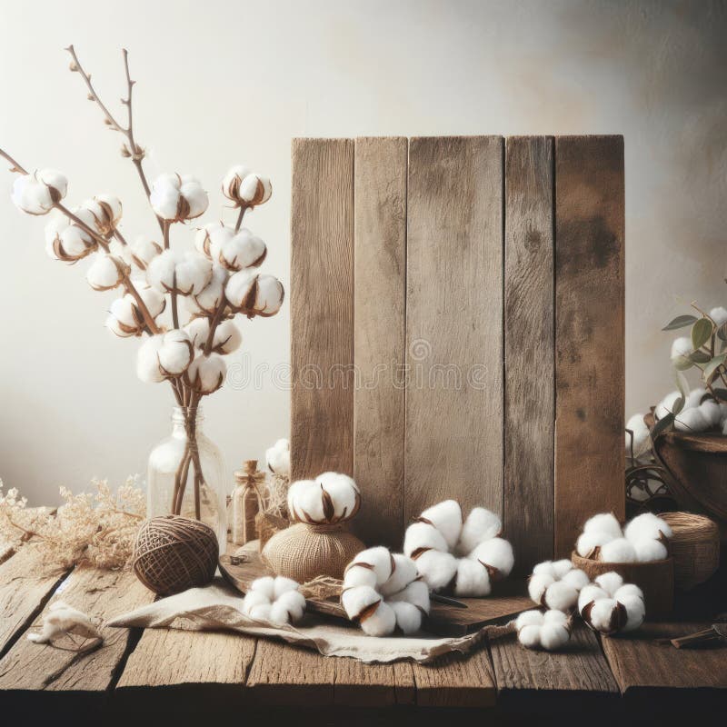 Empty Rustic Old Wooden Boards Table Copy Space with Cotton Plants and ...