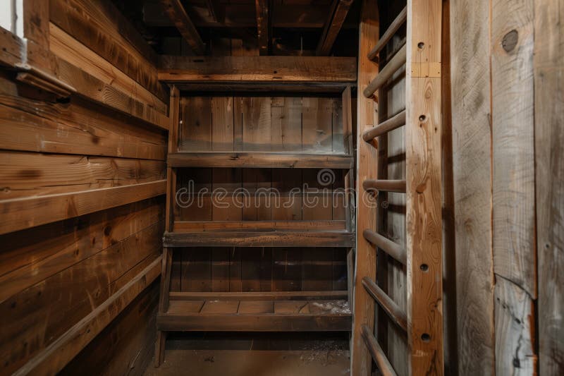 Empty Rustic Pantry with a Wooden Ladder Stock Photo - Image of pantry ...
