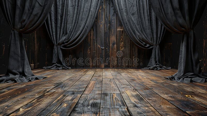 Empty Rustic Stage with Dark Wooden Floor and Black Curtains, Perfect ...