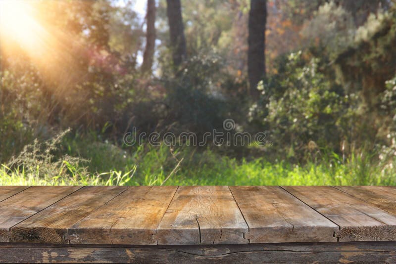 Empty Rustic Table in Front of Countryside Background. Product Display ...