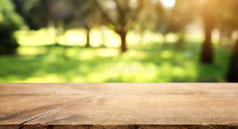 Empty Rustic Table in Front of Countryside Background. Product Display ...