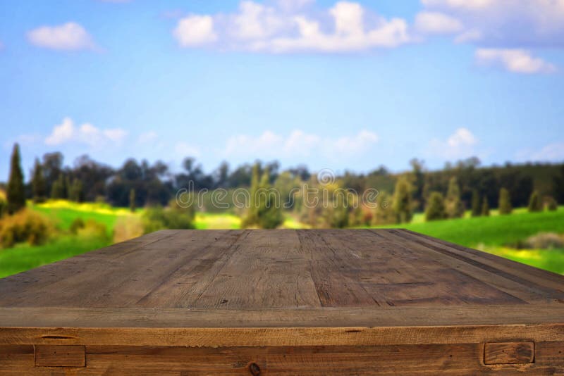 Empty Rustic Table in Front of Countryside Background Stock Image ...