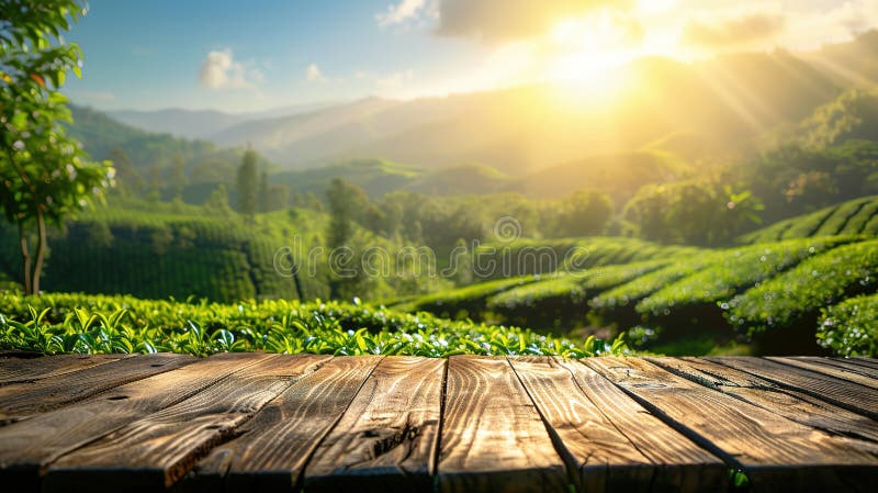 Empty Rustic Table in Front of Tea Plantation Landscape at Sunrise ...