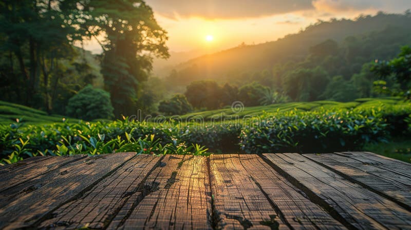 Empty Rustic Table in Front of Tea Plantation Landscape at Sunrise ...