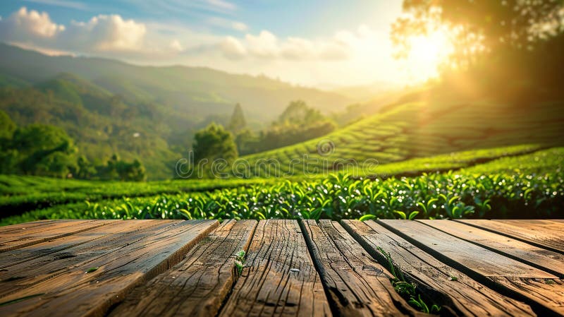 Empty Rustic Table in Front of Tea Plantation Landscape at Sunrise ...