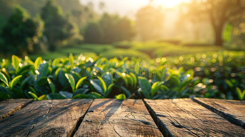 Empty Rustic Table in Front of Tea Plantation Landscape at Sunrise ...