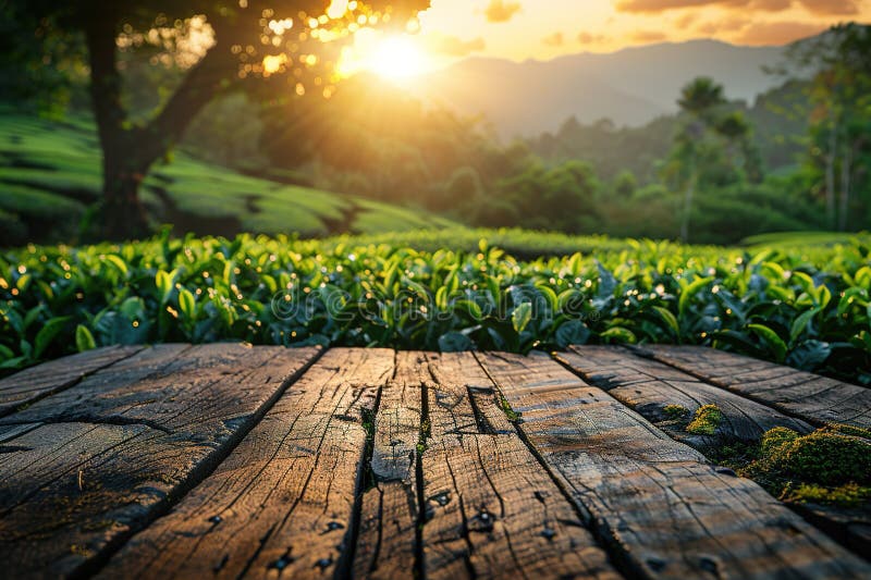 Empty Rustic Table in Front of Tea Plantation Landscape at Sunrise ...