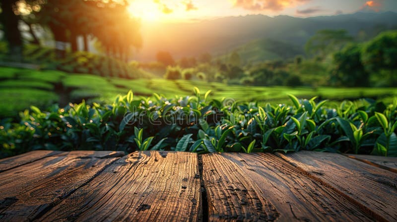 Empty Rustic Table in Front of Tea Plantation Landscape at Sunrise ...