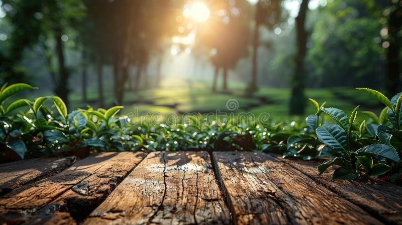 Empty Rustic Table in Front of Tea Plantation Landscape at Sunrise ...