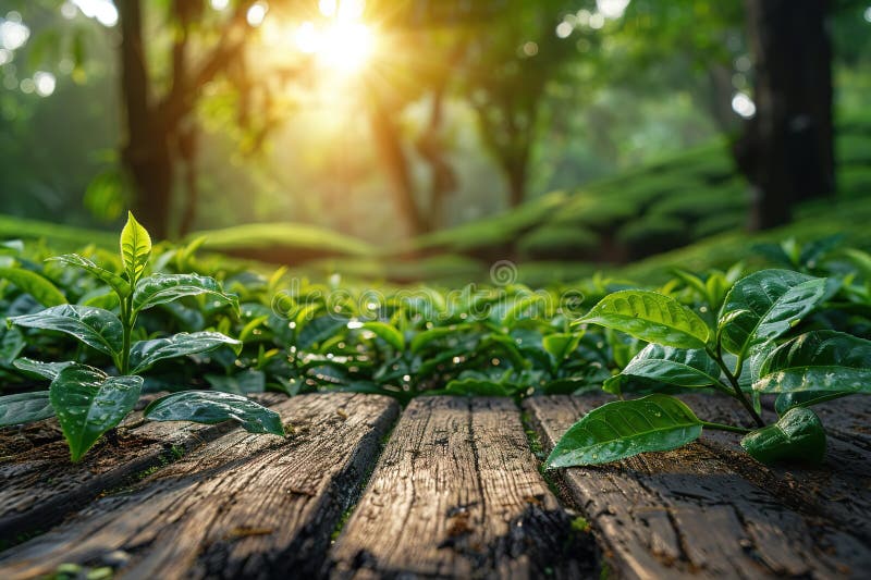 Empty Rustic Table in Front of Tea Plantation Landscape at Sunrise ...