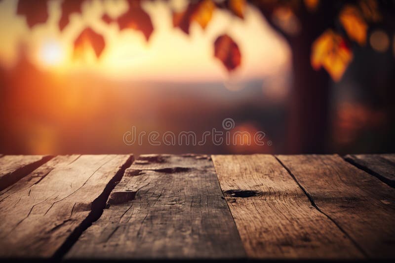 Empty Rustic Wood Table in Autumn with Blurred Background, Ai ...