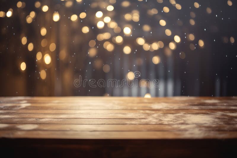 Empty Rustic Wood Table with Blurred Background and Snow, Ai Generative ...