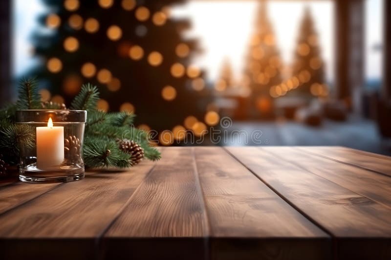 Empty Rustic Wood Table in a Christmas Outdoor with Blurred Trees on ...