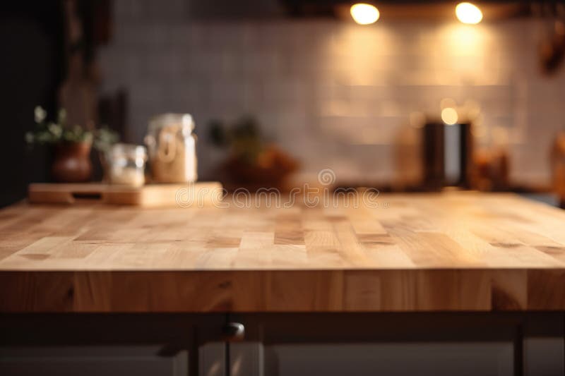 Empty Rustic Wood Table in a Comfortable Kitchen with Blurred ...
