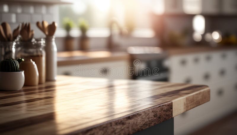 Empty Rustic Wood Table in a Modern Kitchen with Blurred Background, Ai ...