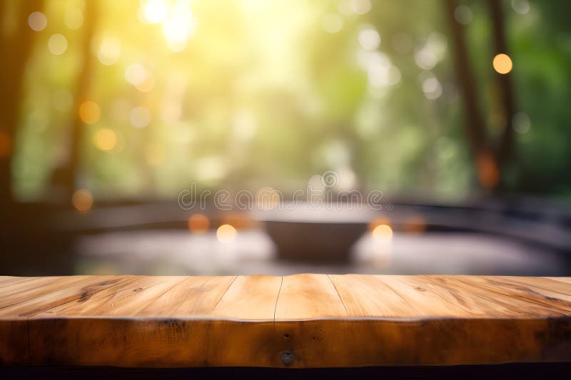 Empty Rustic Wood Table in an Outdoor Spa, Blurred Background, Ai ...