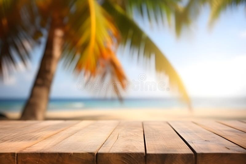 Empty Rustic Wood Table in a Tropical Beach, Palms and Blurred ...