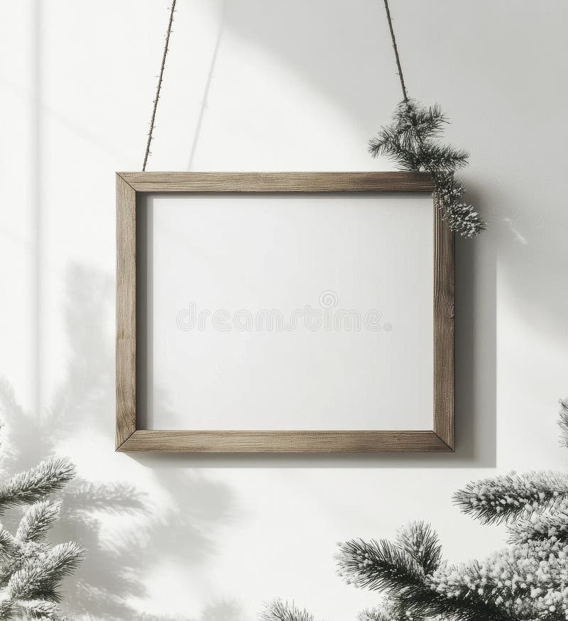Empty Rustic Wooden Frame with Snowy Pine Branches on White Wall Stock ...
