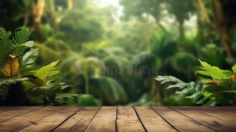 The Empty Rustic Wooden Plank Table Top with Blur Background of Jungle ...