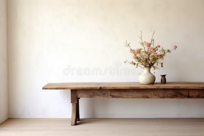 An Empty, Rustic Wooden Table Against a Plain White Wall Stock Image ...
