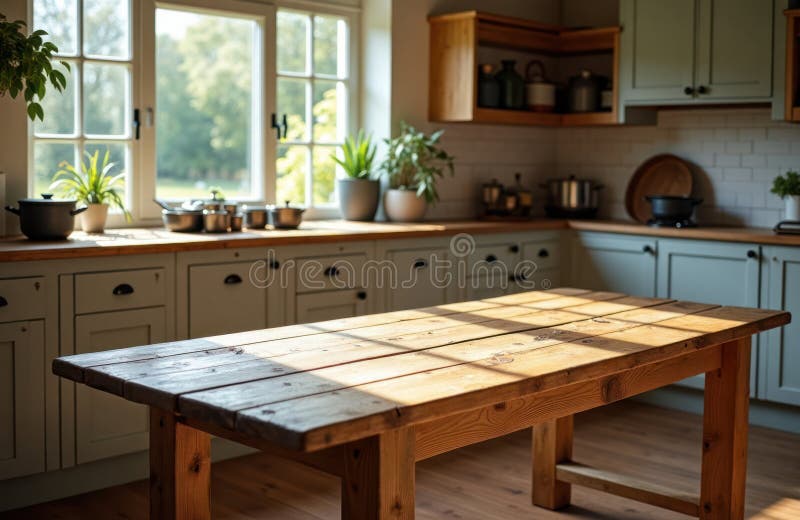 Empty Rustic Wooden Table in Farmhouse Style Kitchen. Sunlight Streams ...