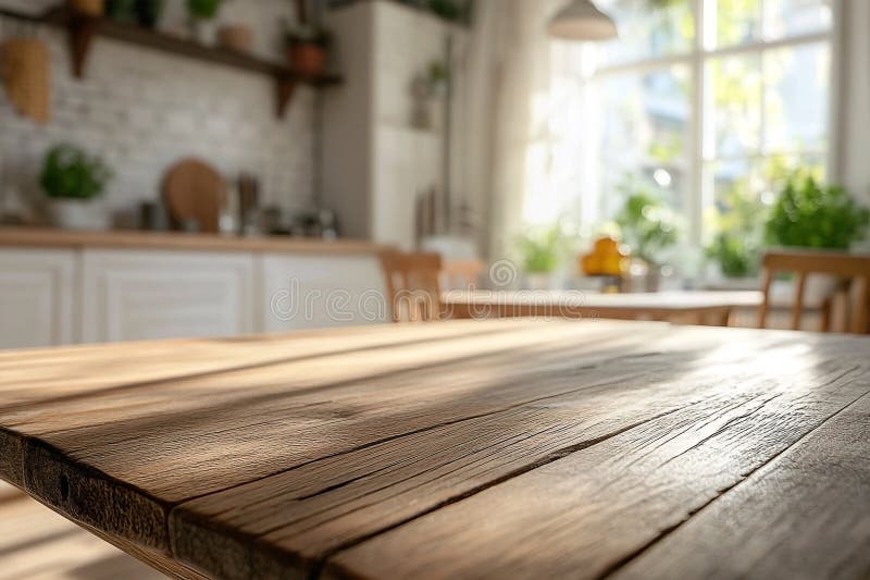 Rustic Wooden Table in Sunlit Kitchen Interior Ready for Product ...