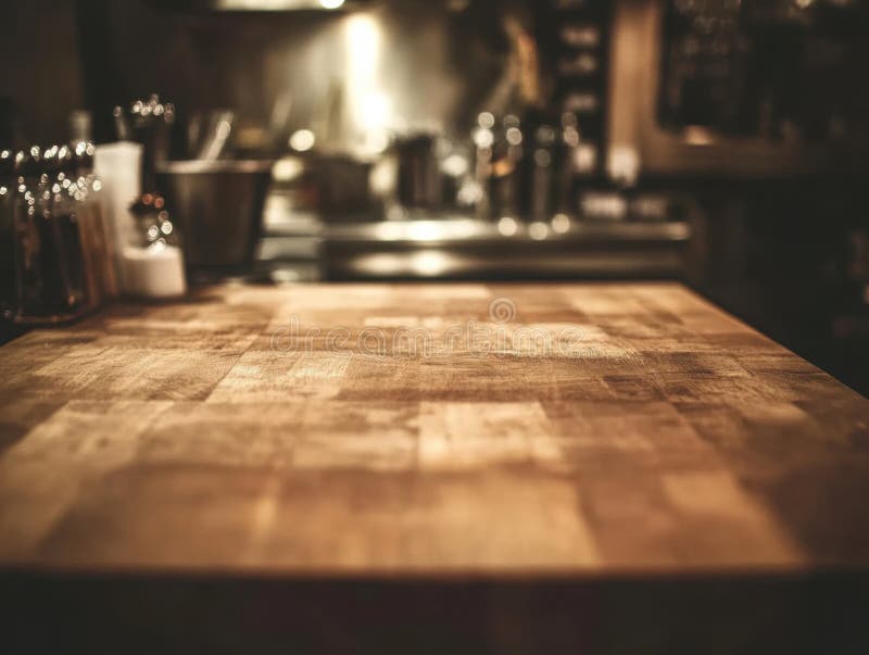 Empty Rustic Wooden Table Top in Restaurant with Blurred Night Lights ...