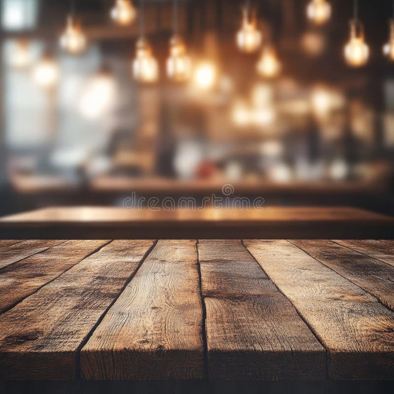 Empty Rustic Wooden Tabletop with Blurred Restaurant Bar Background ...