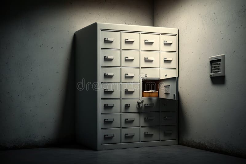 Empty Safe Deposit Box Standing Against Wall in Office Stock ...