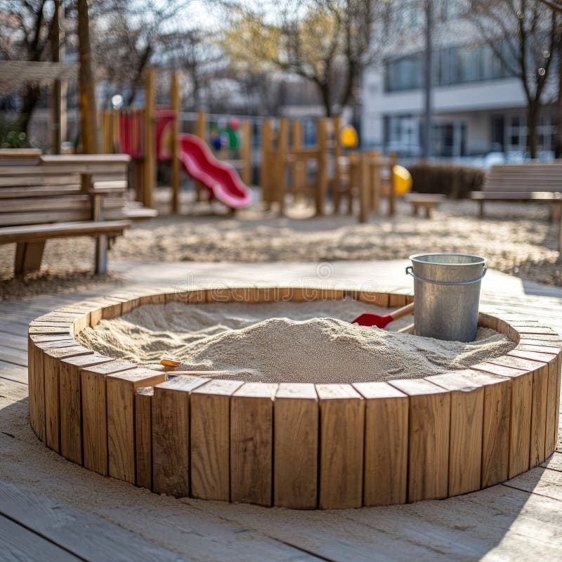 Empty Sandbox in Park with Benches and Playground Equipment. Stock ...