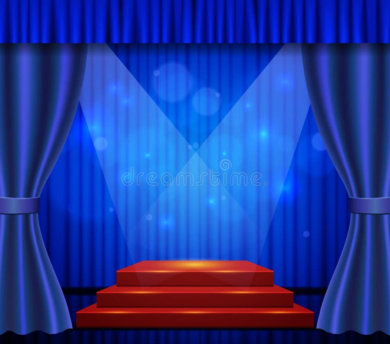 Empty Scene with Stage Podium and Blue Curtain Stock Illustration ...