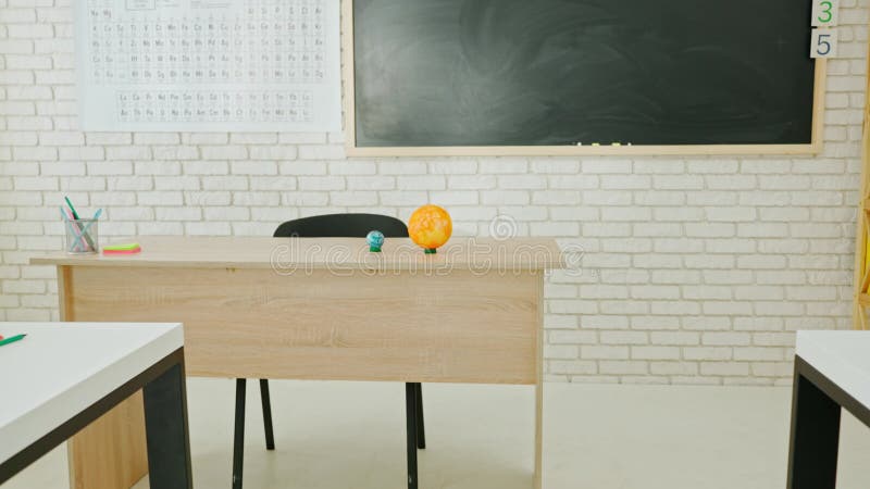 Empty School Astronomy Classroom with Desks, Chairs and Chalkboard ...
