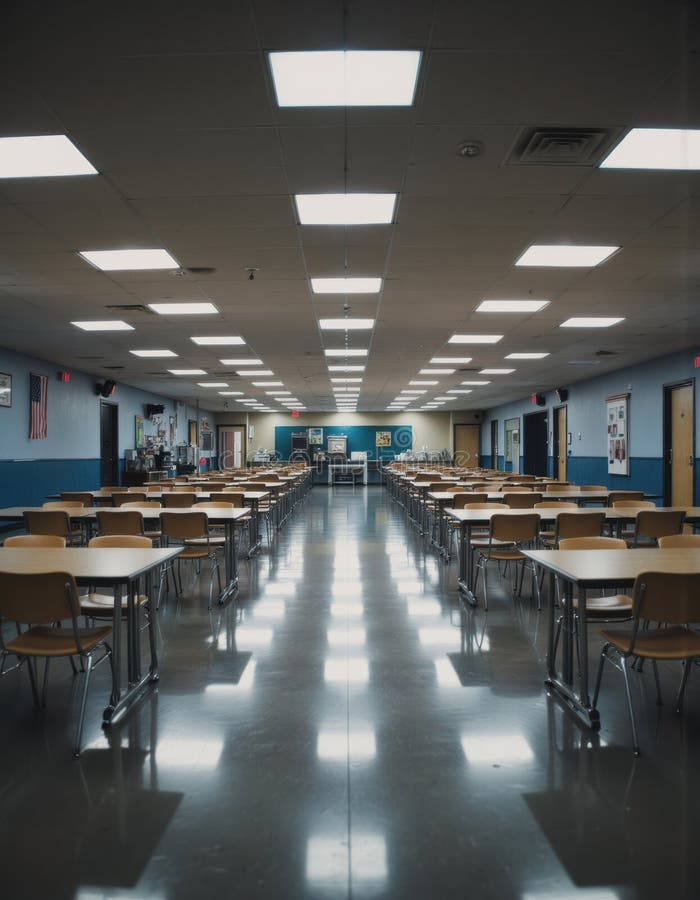 Empty School Cafeteria with Rows of Tables and Bright Overhead Lights ...