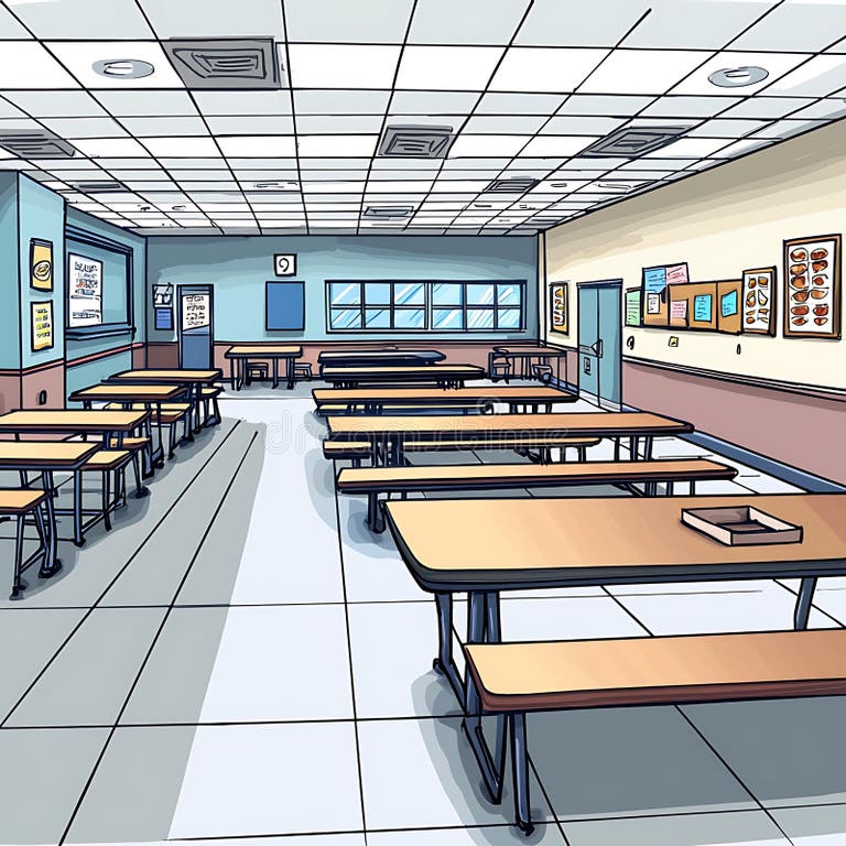 Empty School Cafeteria Scene with Tables and Benches Ready for Lunch ...