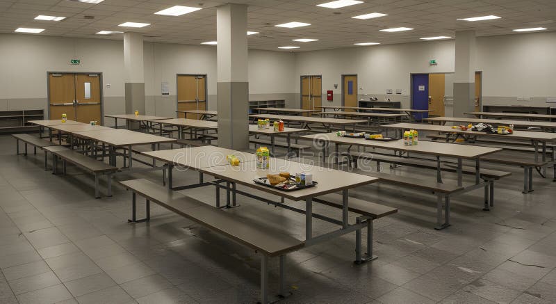 Empty School Cafeteria Tables and Benches in a Large Room Stock Illustration - Illustration of ...