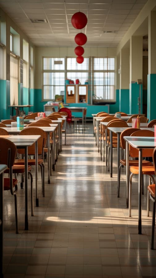 An Empty School Canteen with Large Windows and a Row of Tables and ...