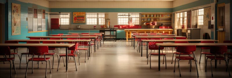An Empty School Canteen with Large Windows and a Row of Tables and ...