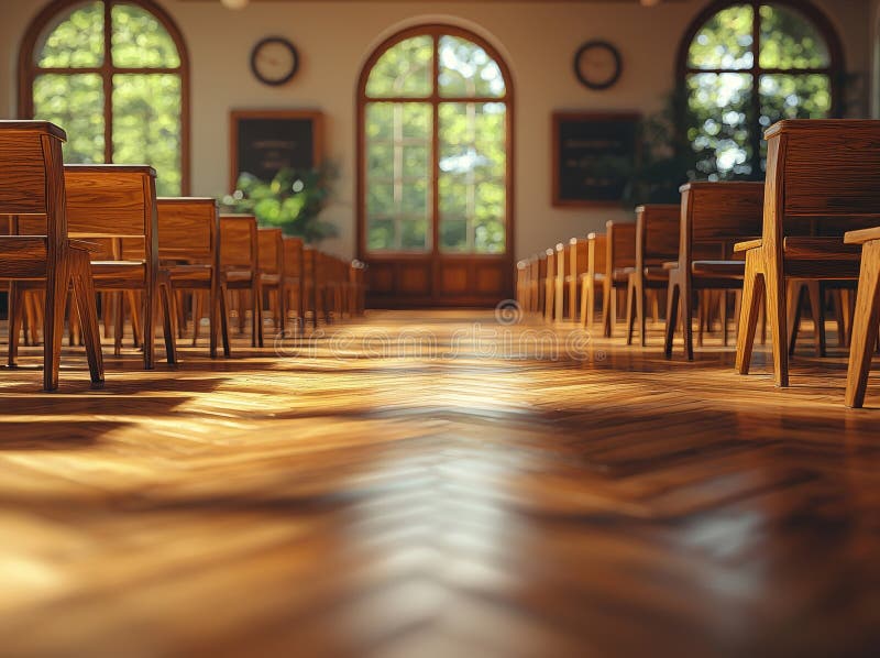 An Empty School Classroom with Blackboard and Unoccupied Chairs. Back ...